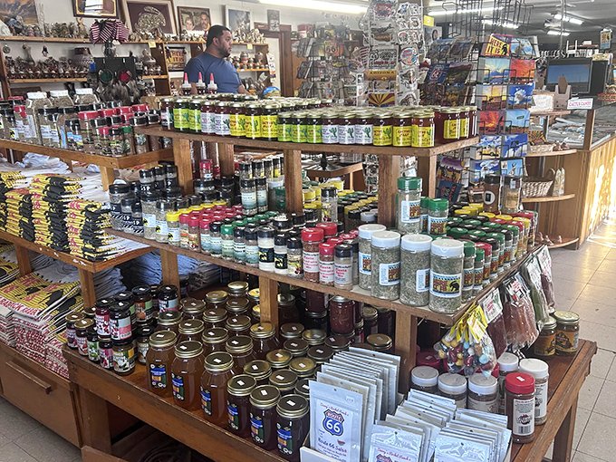 A spice lover's dream awaits with shelves of Southwestern seasonings and hot sauces that promise to bring desert heat to any kitchen.