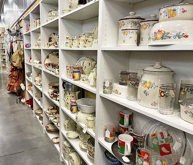 Shelves of vintage kitchenware stand ready to inspire your next dinner party or remind you of meals at grandma's table.