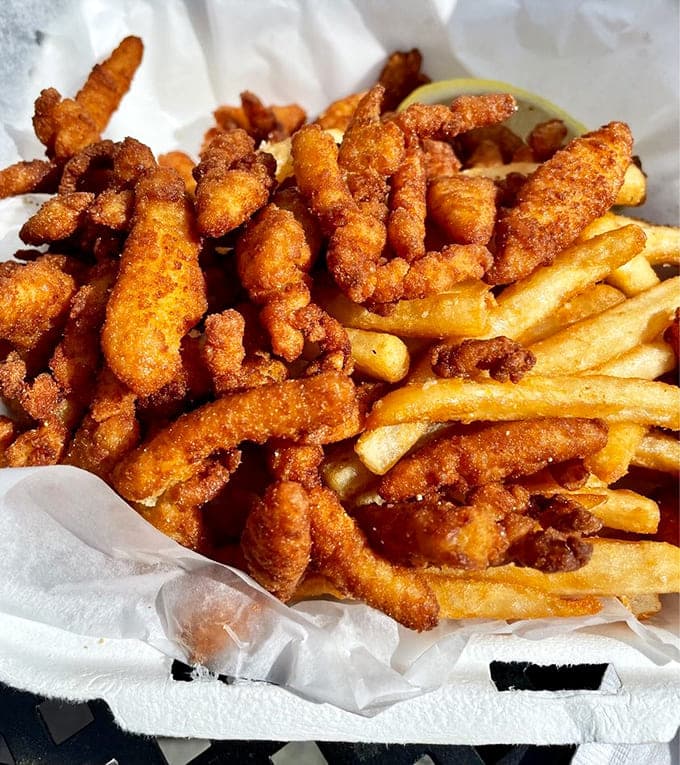 This basket of fried goodness represents everything right with the world, crispy clams meeting perfectly salted fries in beautiful, delicious harmony.