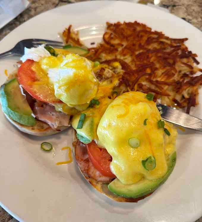 Eggs Benedict gets the Minnesota treatment with perfectly poached eggs and hash browns that could convert any breakfast skeptic.