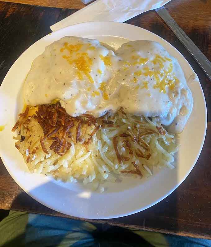 When your breakfast plate requires engineering skills to navigate, you know you're in the right place for serious comfort food.