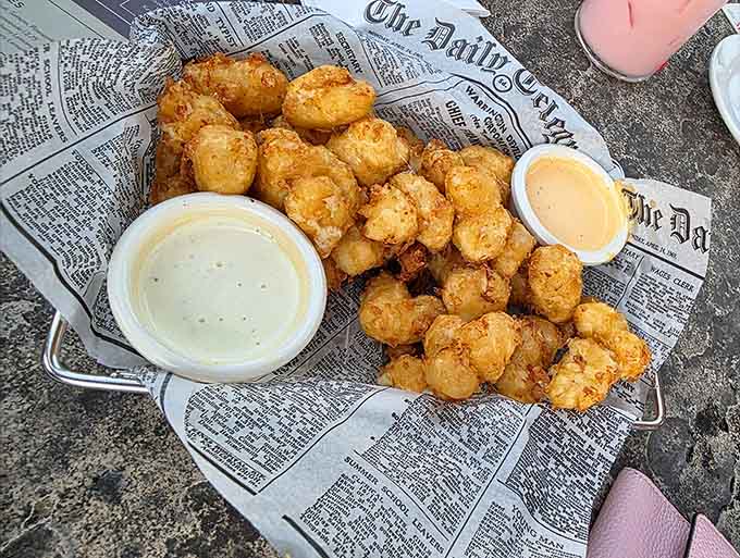Bite-sized perfection arrives with dipping sauces that know their supporting role in this dairy drama.