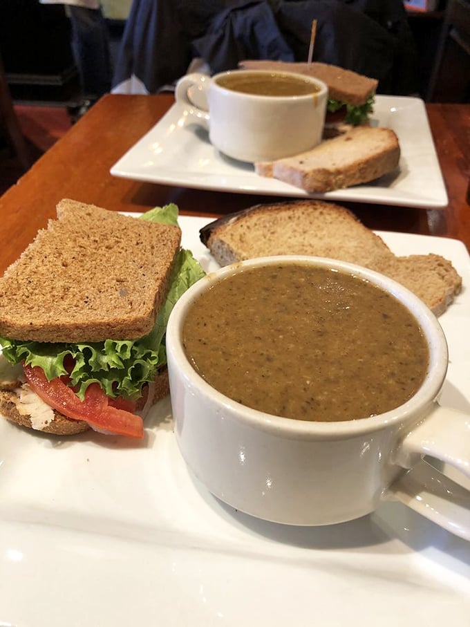A perfect pairing: hearty turkey sandwich meets mushroom soup in a dance of flavors that might just ruin all other lunch combinations for you forever.
