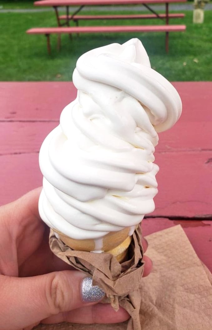 Behold the perfect vanilla soft serve &ndash; architectural precision meets dairy perfection in a cone that demands to be eaten quickly before gravity claims its delicious prize.