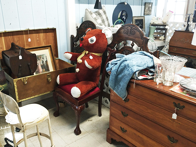 A plush teddy bear holds court on an ornate chair, surrounded by wooden treasures from decades past.