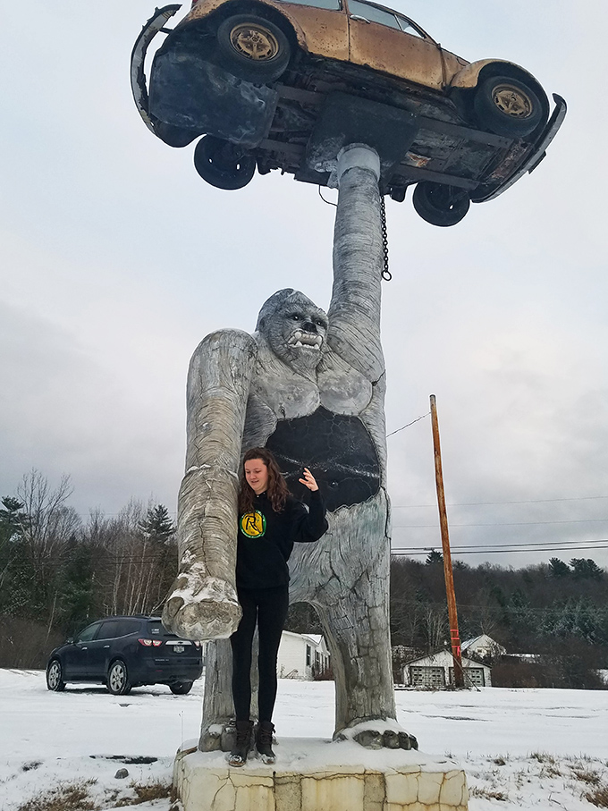 Winter transforms our concrete friend into a snow-dusted sentinel, standing watch over Vermont's frosty landscape year-round.