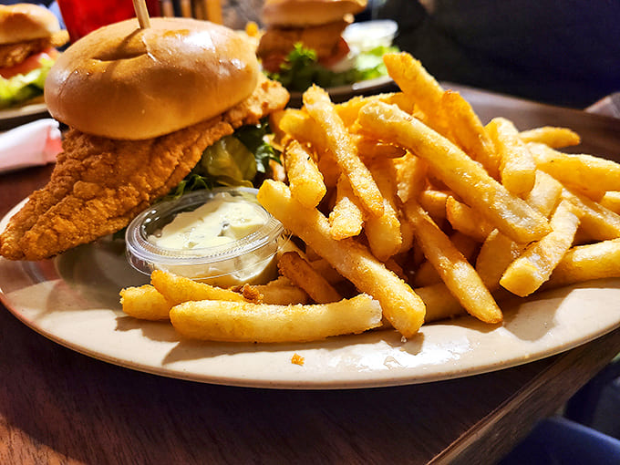 The legendary whitefish sandwich extends well beyond its bun's boundaries—Lake Superior's bounty transformed into a hand-held masterpiece of flaky deliciousness.