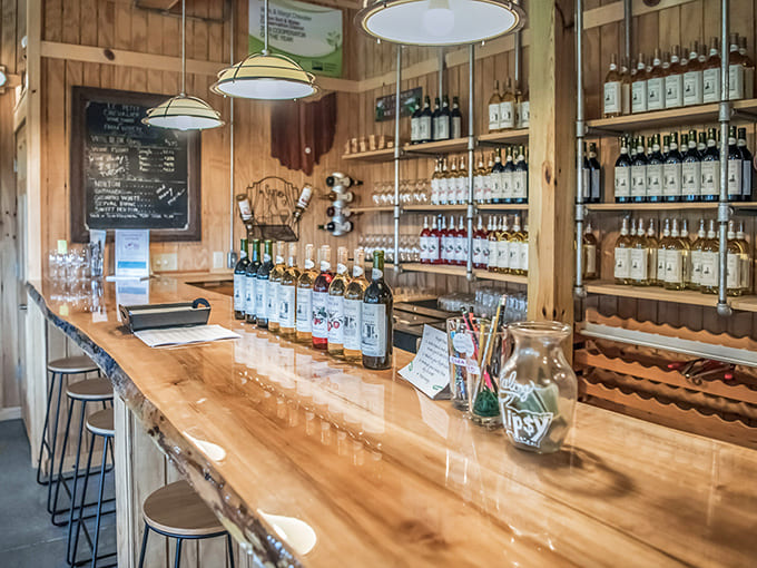 The polished wooden bar showcases bottles like trophies, while pendant lights cast a warm glow that makes every glass of wine look even more inviting.