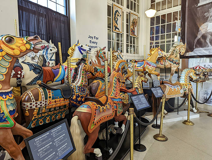 A menagerie of meticulously restored carousel animals showcases craftsmanship that turns simple wood into creatures of wonder and whimsy.