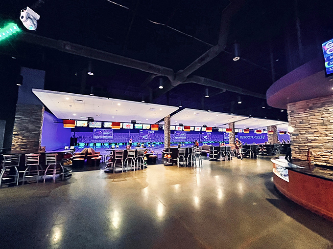 The bowling area transforms into a blue-hued wonderland at night, making even gutter balls look stylish. Cosmic bowling for cosmic fun!