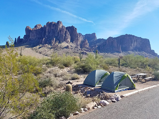 Home sweet desert home! These tents perfectly positioned beneath the watchful gaze of the Superstitions promise nights of stargazing and dawn's golden light.