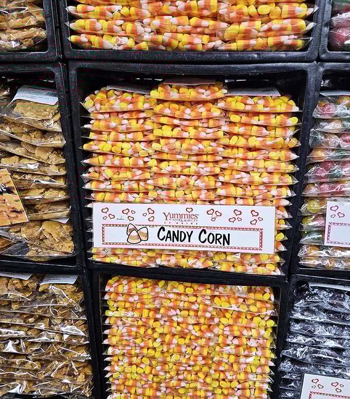 Bags of candy corn stacked like edible autumn leaves &ndash; the controversial triangle treat that divides families but conquers Halloween.