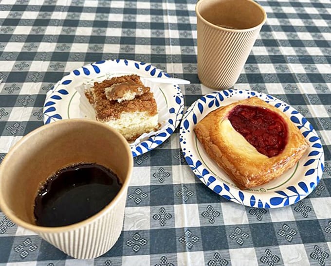 Coffee and pastry &ndash; civilization's perfect pairing displayed on blue-rimmed plates that somehow make everything taste even better.