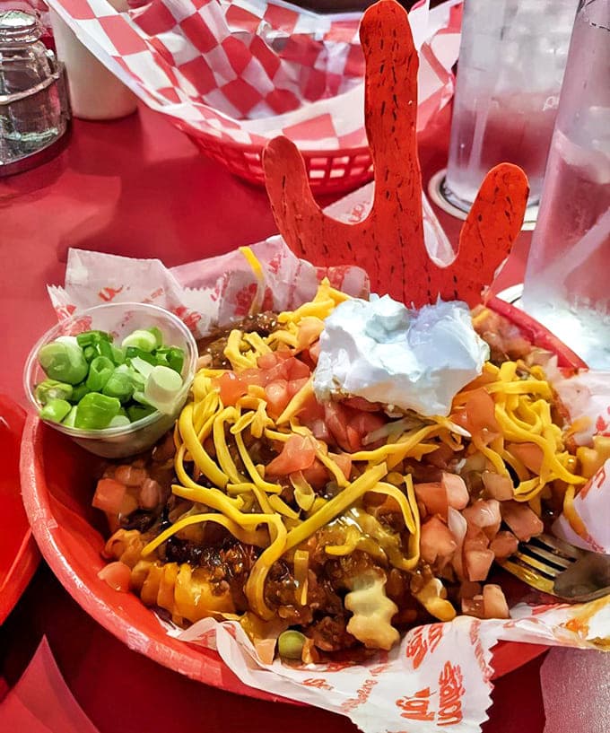 Chili Cheese Fries: A mountain of crispy potatoes crowned with homemade chili and cheese. Fork optional, napkins mandatory, regrets impossible.