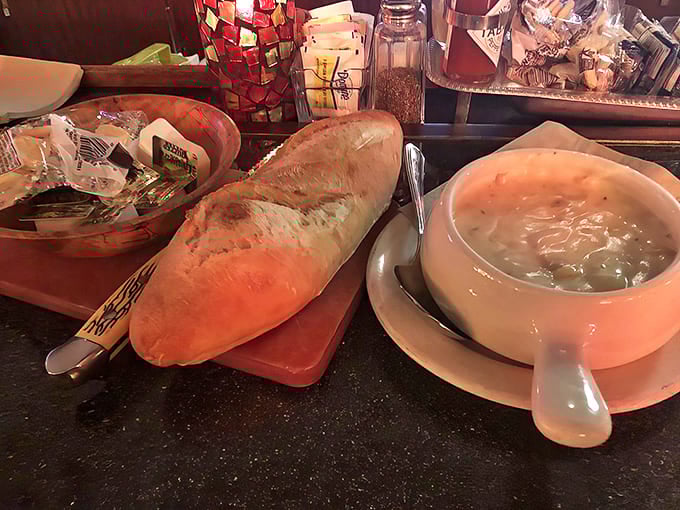 Clam chowder with bread: A match made in culinary heaven &ndash; crusty bread standing by for the important job of soaking up every last drop.