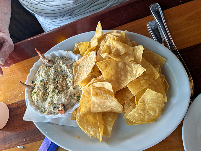 The crab dip arrives with a mountain of crispy tortilla chips &ndash; a creamy, chunky celebration of the sea that disappears faster than the tide.