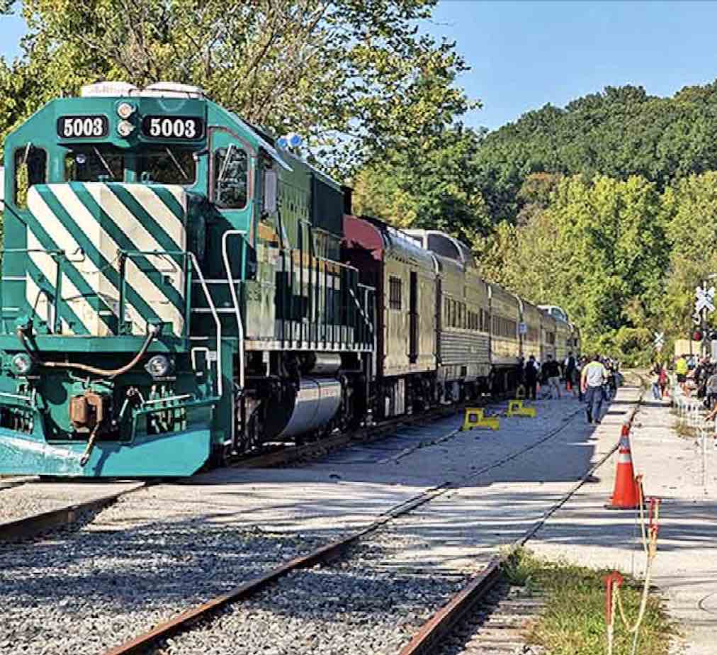 This workhorse diesel locomotive waits at the station, its teal and white stripes a striking contrast against the autumn foliage backdrop.
