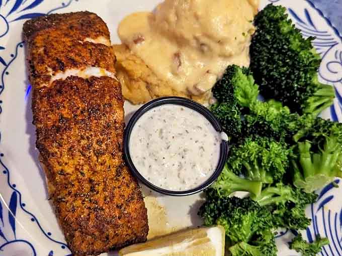 Blackened fish perfection meets creamy mashed potatoes and vibrant broccoli—proof that healthy-ish can still be a party for your taste buds.