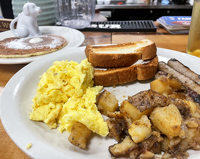 Breakfast simplicity perfected: fluffy scrambled eggs, golden toast, and those home fries that have launched a thousand return visits to Brandon.