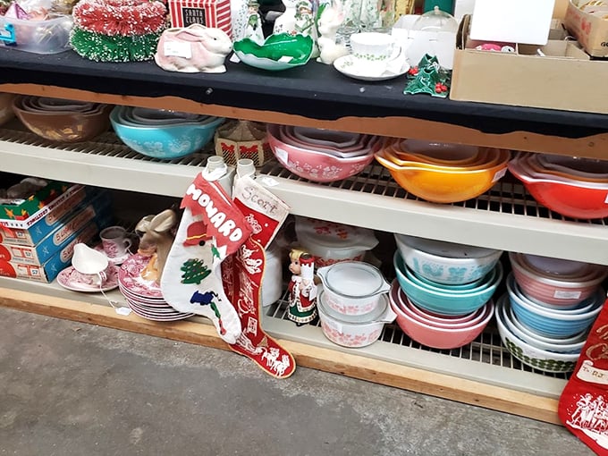 A rainbow of vintage Pyrex! These bowls have probably seen more family recipes than a church cookbook convention.