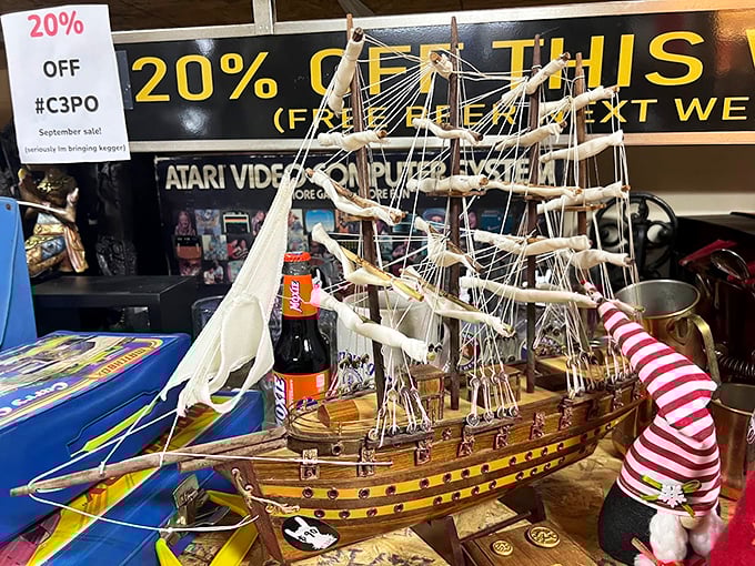 Ahoy, miniature mateys! This model ship is ready to sail the high seas of your living room shelf. No pirate insurance required.