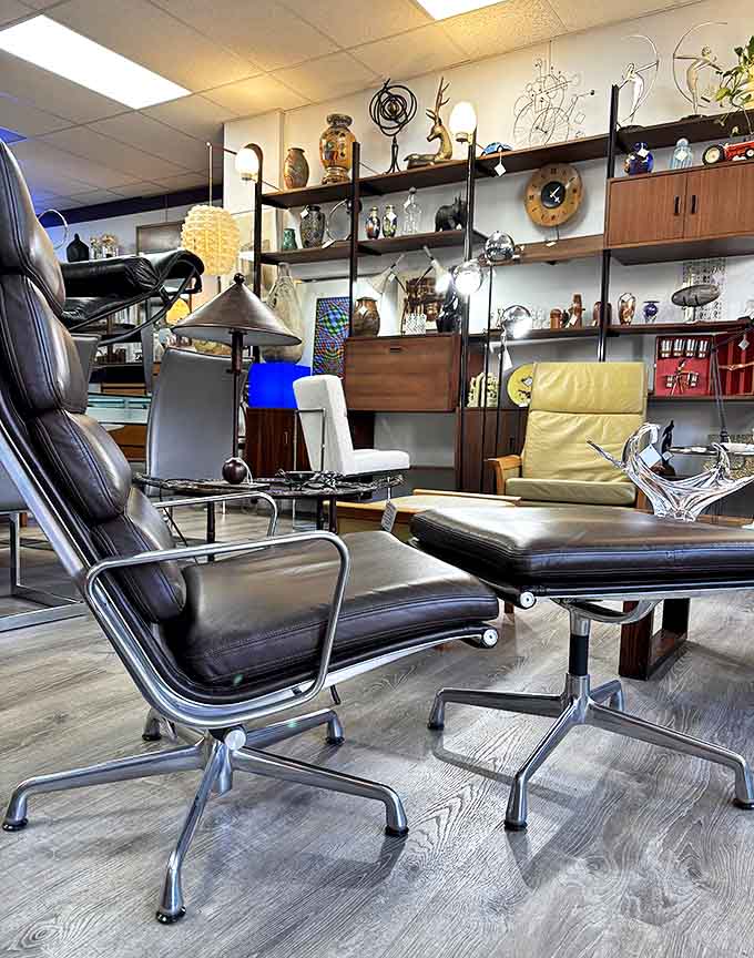 Wicker director's chairs line up against a vibrant mural, offering a perfect spot to people-watch between treasure hunting sessions.