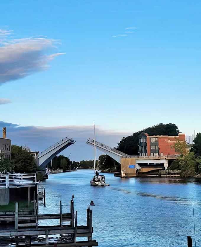 The river channel stretches toward the horizon like nature's own welcome mat, inviting exploration of Manistee's watery heart.