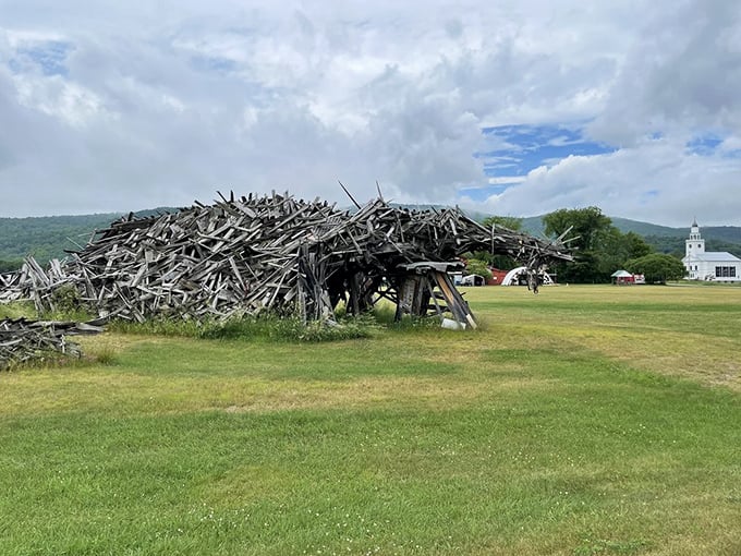 From this angle, the dinosaur's profile emerges more clearly, revealing the method in the madness of its construction.