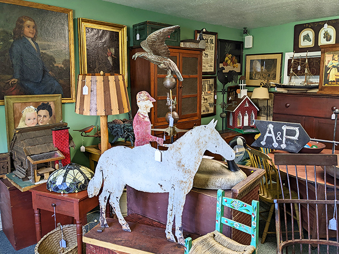 A room that feels like stepping into a wealthy eccentric's country estate. That white horse weathervane has definitely seen some things in its day.
