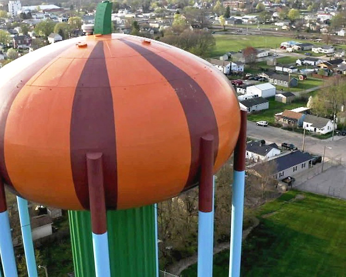 Historic buildings share the skyline with the modern pumpkin tower, creating a timeline of Circleville's evolution in one glance.