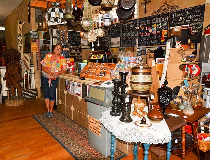 The service counter doubles as a display case, because even checking out should involve one last temptation to add something to your haul.