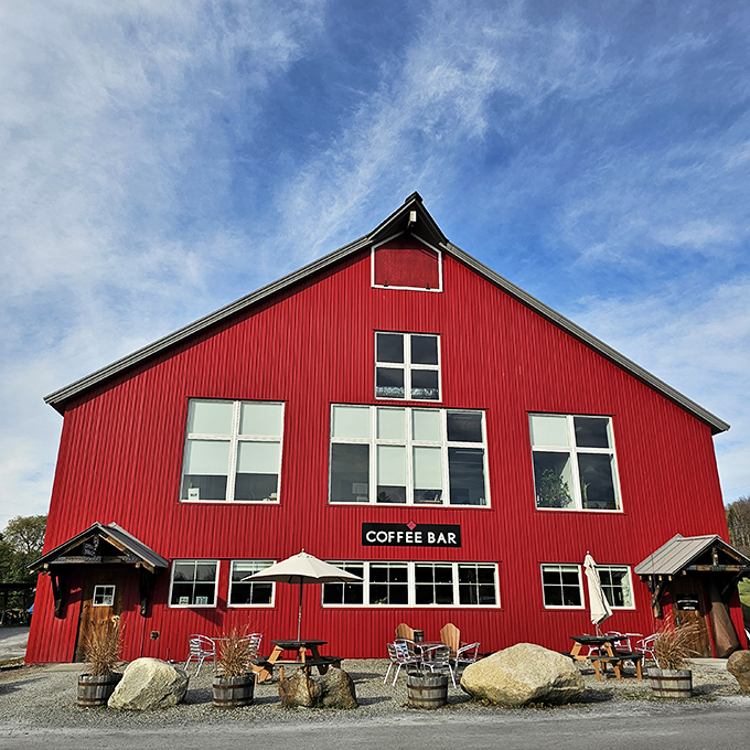 The iconic red barn coffee shop &ndash; because Vermonters know good java tastes even better when served in a building that's Instagram-famous.