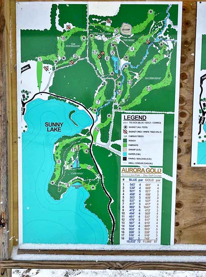 The park map reveals Sunny Lake's disc golf course layout, a challenging 18-hole adventure winding through scenic woodland terrain.