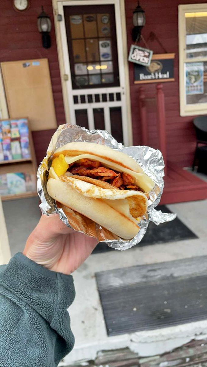 Breakfast perfection wrapped in foil &ndash; eggs, cheese and bacon nestled in a fresh roll, ready to fuel your Vermont adventures.