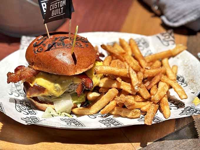 The bison burger arrives like a beautiful stranger &ndash; familiar yet exotic, with hand-cut fries standing at attention alongside.