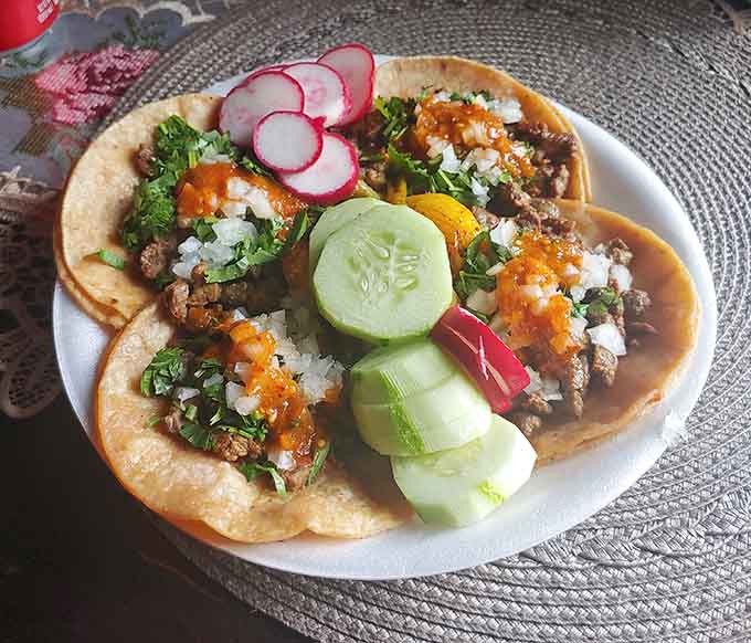 Carne asada tacos topped with fresh cilantro, onions, and radishes prove simplicity done right beats complexity every time.