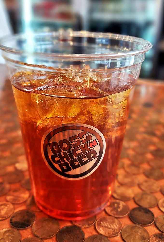 A perfectly brewed amber elixir served over ice, sporting the Boss Chick logo and ready to cool down the heat from those spicy wing options.
