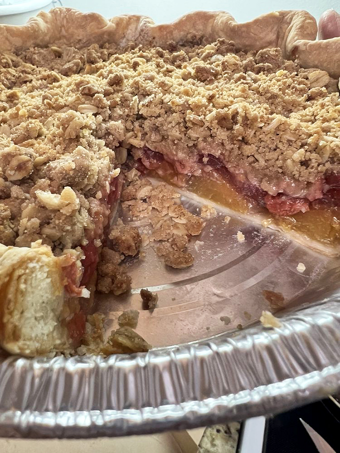 The cherry peach crumb pie showcases Vermont's seasonal bounty &ndash; the perfect marriage of tart and sweet beneath that irresistible buttery topping.