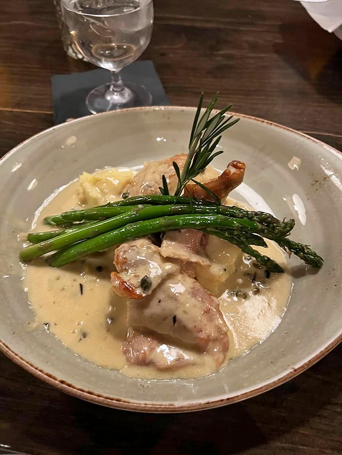 Tender chicken swimming in a lemony sauce with asparagus spears standing at attention &ndash; comfort food that went to finishing school.