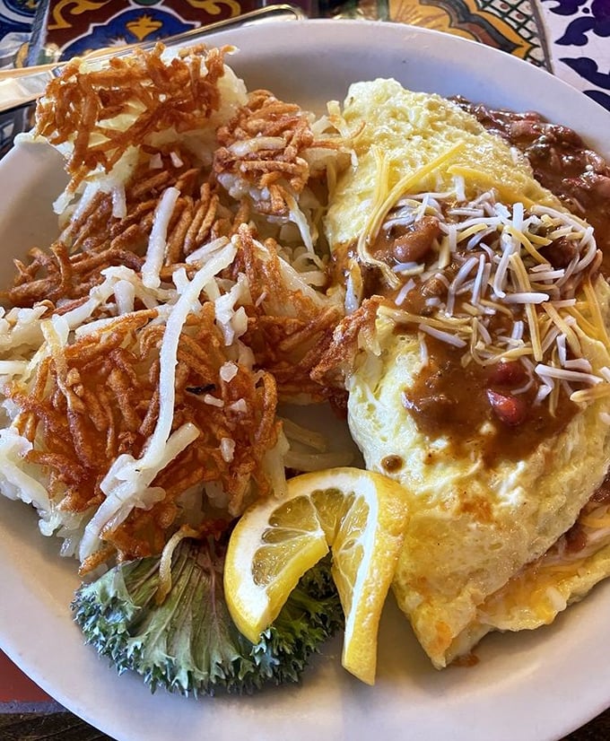 Morning glory on a plate &ndash; a hearty chili omelet nestled against crispy hash browns creates the fuel you'll need for another day of Route 66 adventures.