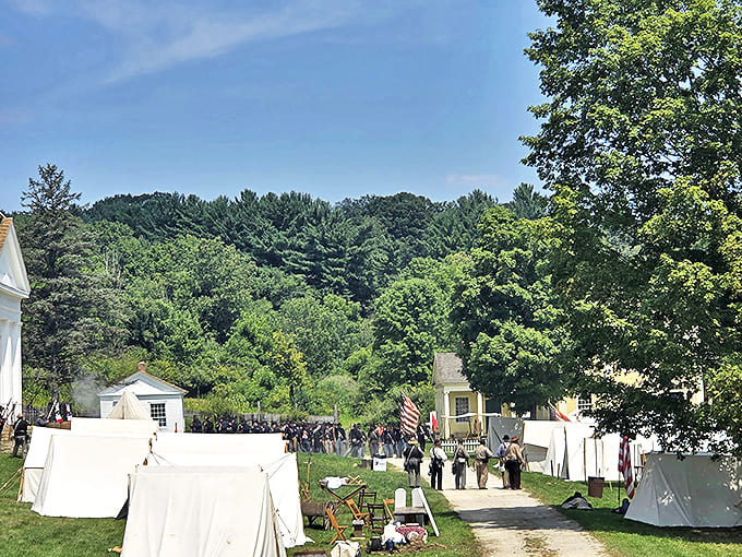 White canvas tents dot the landscape during a Civil War reenactment, where history buffs trade their smartphones for muskets and their Keurigs for campfire coffee.