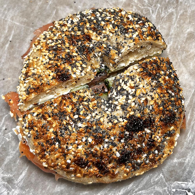 The timeless combination of smoked salmon and cream cheese finds its ideal home atop a seed-encrusted bagel with perfect chew.