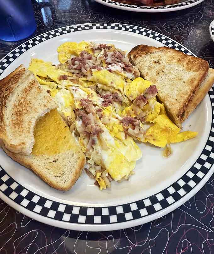 The corned beef hash scramble proves breakfast doesn't have to be boring when someone actually cares about the cooking.
