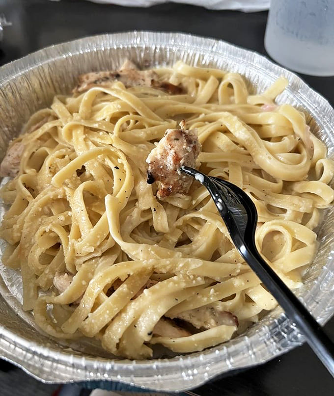 Fettuccine alfredo with chicken proves this place doesn't play favorites, giving lunch the same love and attention as breakfast.