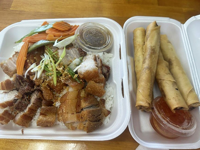 A match made in culinary heaven: crispy pork belly paired with golden lumpia. This combo plate delivers a one-two punch of Filipino flavor.