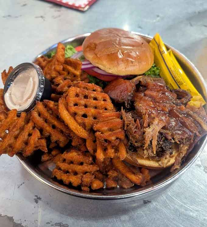 Sweet potato fries add a touch of sweetness to balance the smoky richness of that perfectly cooked, fall-apart-tender brisket.