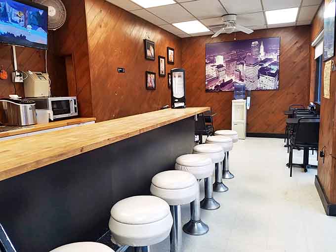 Diner Seating: Wood-paneled walls and counter seating create the perfect backdrop for donut contemplation and coffee sipping.