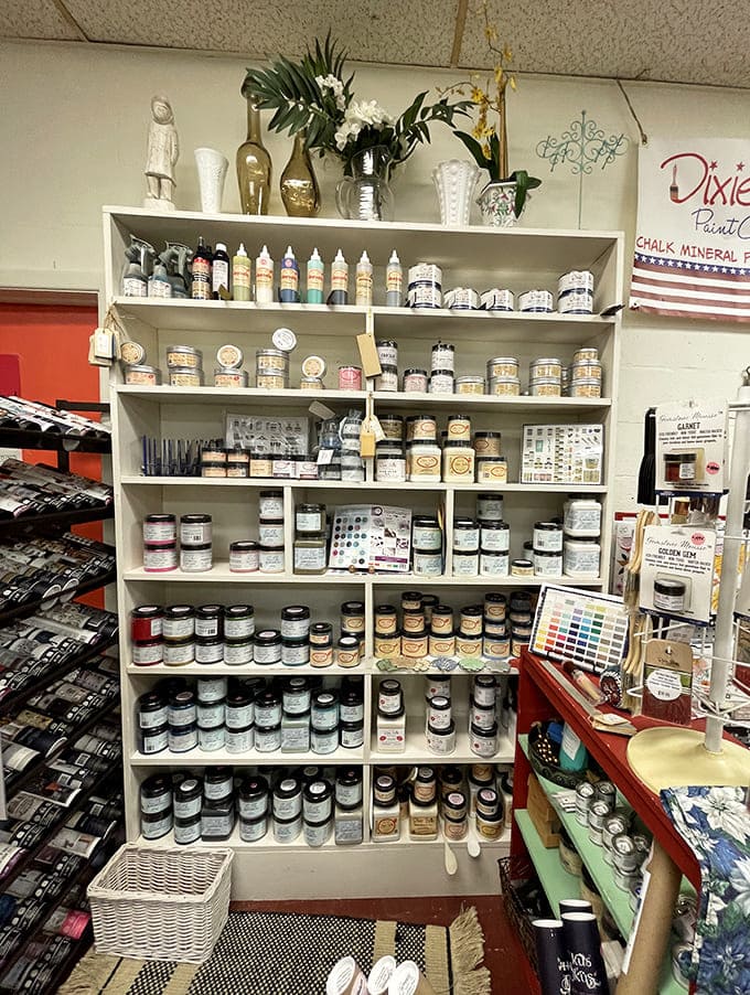 DIY dreams come alive at the Dixie Belle Paint display, where rows of colorful possibilities await creative souls looking to breathe new life into old treasures.