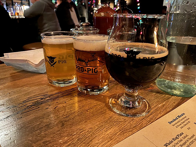 A flight of house-brewed craft beers showcases Pro Pig's commitment to liquid artistry, with options ranging from hoppy IPAs to rich stouts.