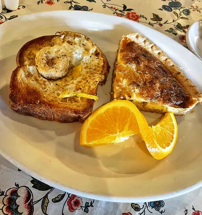A study in contrasts: rustic Egg-in-a-Hole alongside elegant Quiche Lorraine, both executed with the same careful attention to detail.